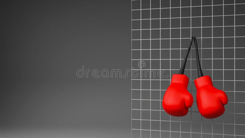 3D Render of Hanging Boxing Gloves on Mesh Dark Gray Background and ...