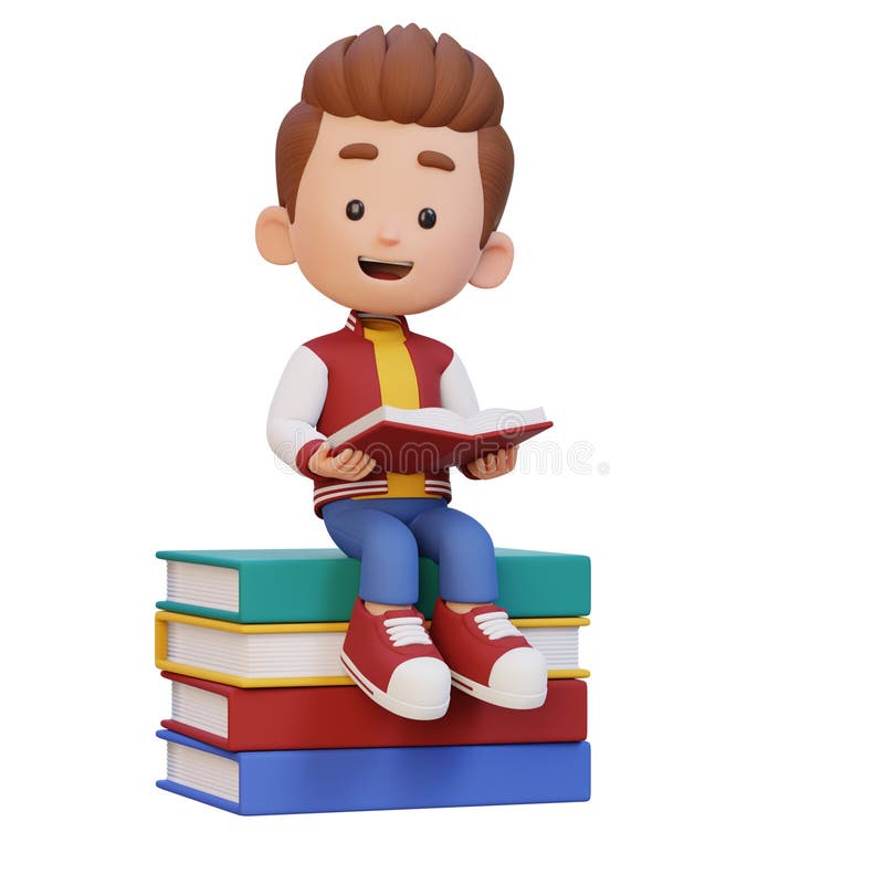 3D Happy Kid Character Reading Book Stock Photo - Illustration of ...