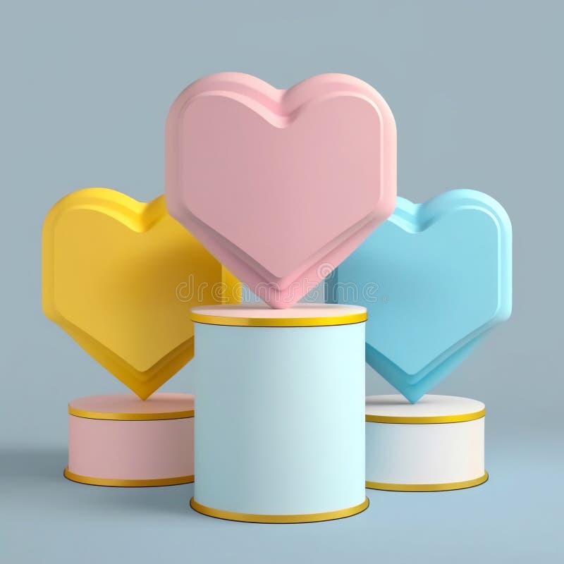 3D Render of Heart Shape Frames on Three Level Podium in Yellow, Pink ...