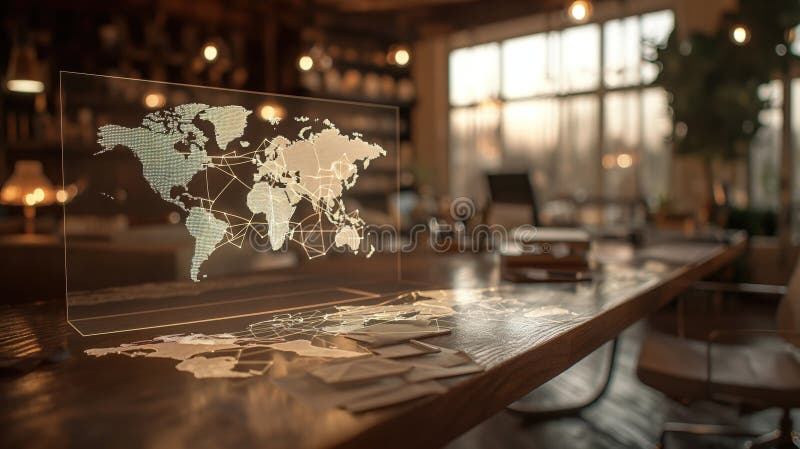 Holographic World Map on the Desk of a Business Office Stock ...