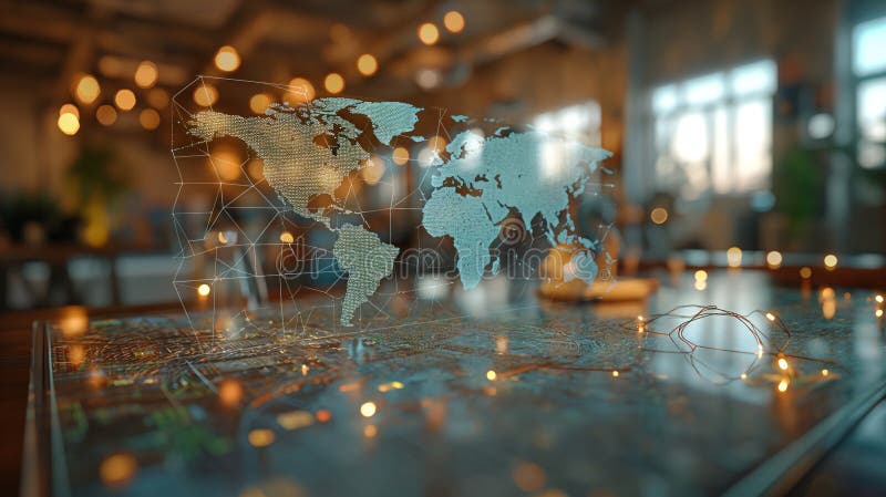 Holographic World Map on the Desk of a Business Office Stock ...