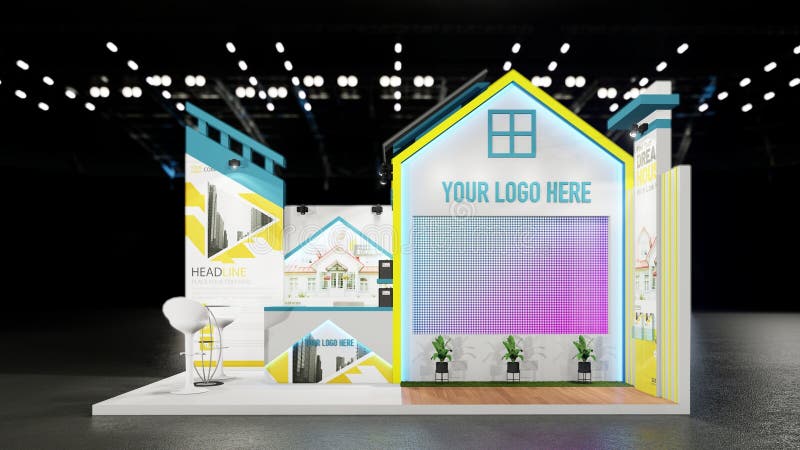 3D Render the Home-themed Solar Panel Booth, Front View Stock ...