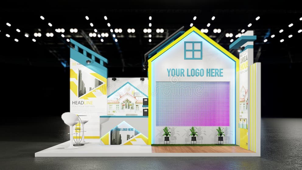 3D Render the Home-themed Solar Panel Booth, Front View Stock ...