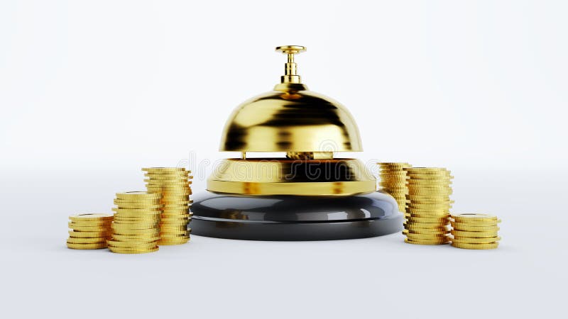 Hotel Bell with Stack of Coins Isolated on White Background Stock ...