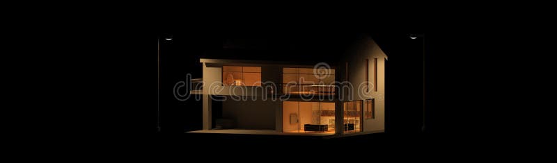 3d Render of House at Night with the Lights Turned on Isolated on White ...