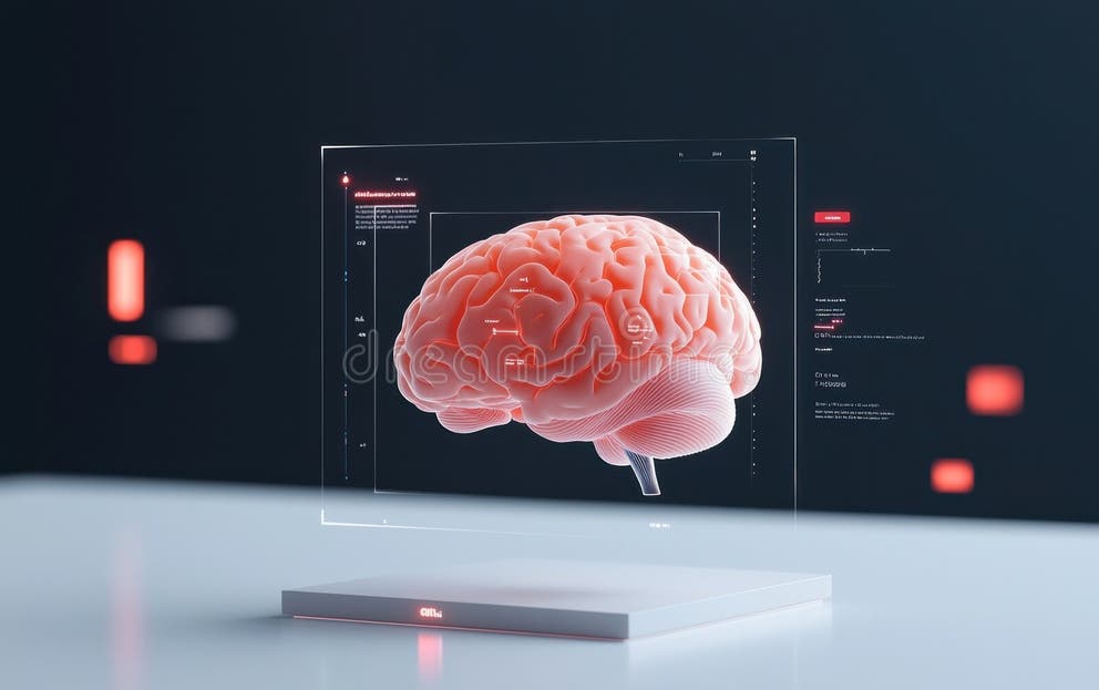 3D Render of Human Brain in Glass Cube on White Platform Stock ...
