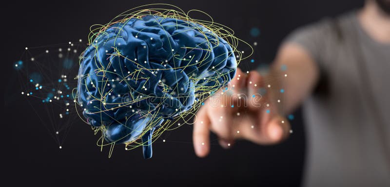 3D Render of a Human Brain with Wires Coming Out of it and a Man ...