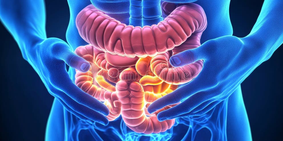 3D Render of Human Digestive System Anatomy with Glowing Highlight on a ...