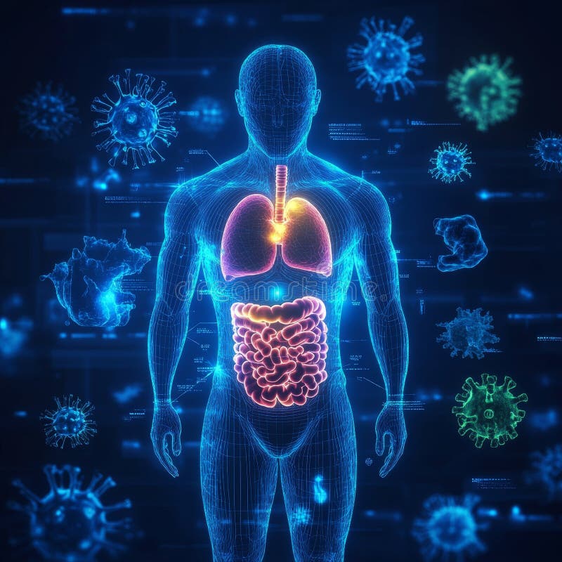 3D Render of Human Digestive System with Virus and Bacteria on Dark ...