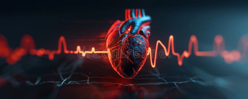 A 3D Render of a Human Heart with a Red ECG Line Stock Illustration ...