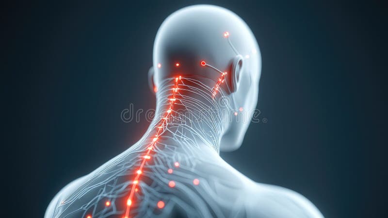 3D Render of a Human Spine with Glowing Neural Pathways, Showcasing the ...