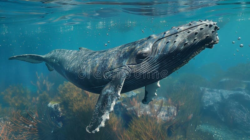 3D Render of Humpback Whale Swimming in Crystal Clear Ocean Stock ...