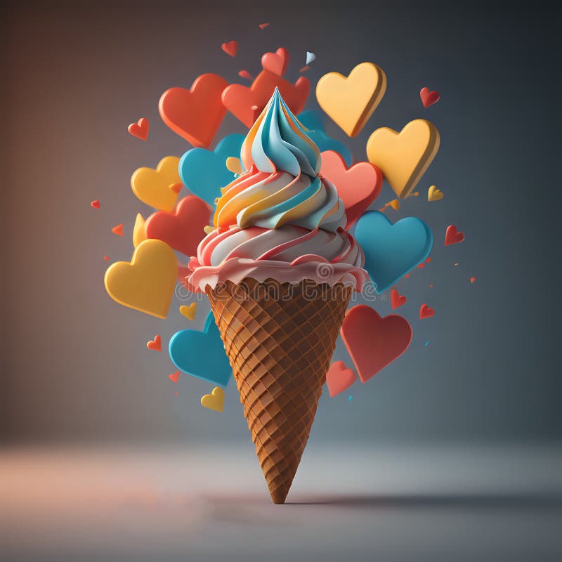 3d Render, Ice Cream Cone with Colorful Hearts Icon - Generated by Ai ...