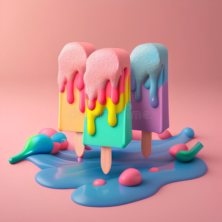 3d Render of Ice Cream Popsicles with Splashes of Blue and Pink Paint ...