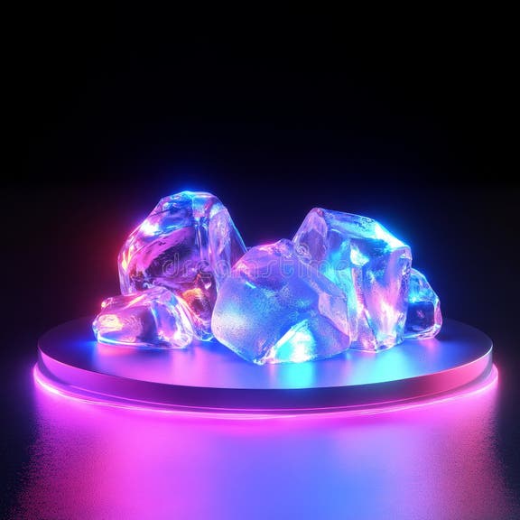 3d Render of Ice Cubes with Neon Lights on Black Background. Stock ...