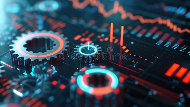 3D Render Icon Animated Gears and Cogs Merging with Charts Symbolizing ...