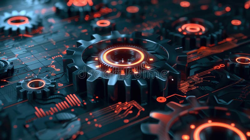3D Render Icon Animated Gears and Cogs Merging with Charts Symbolizing ...