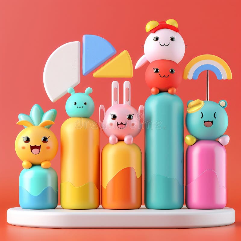 3D Render Icon Bar Chart with Cute Characters Representing Business ...