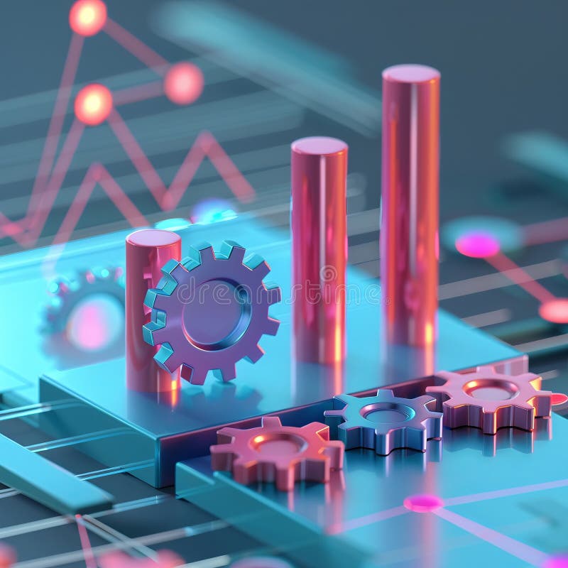 3D Render Icon Bar Chart with Gears and Cogs Representing Different ...
