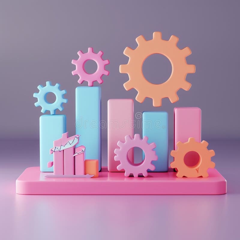 3D Render Icon Bar Chart with Gears and Cogs Representing Different ...