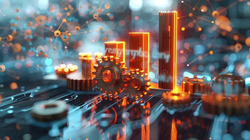 3D Render Icon Bar Chart with Gears and Cogs Representing Different ...