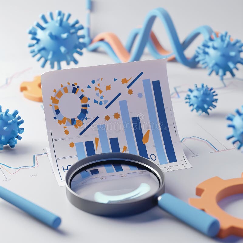 3D Render Icon Bar Chart with a Magnifying Glass Representing Data ...