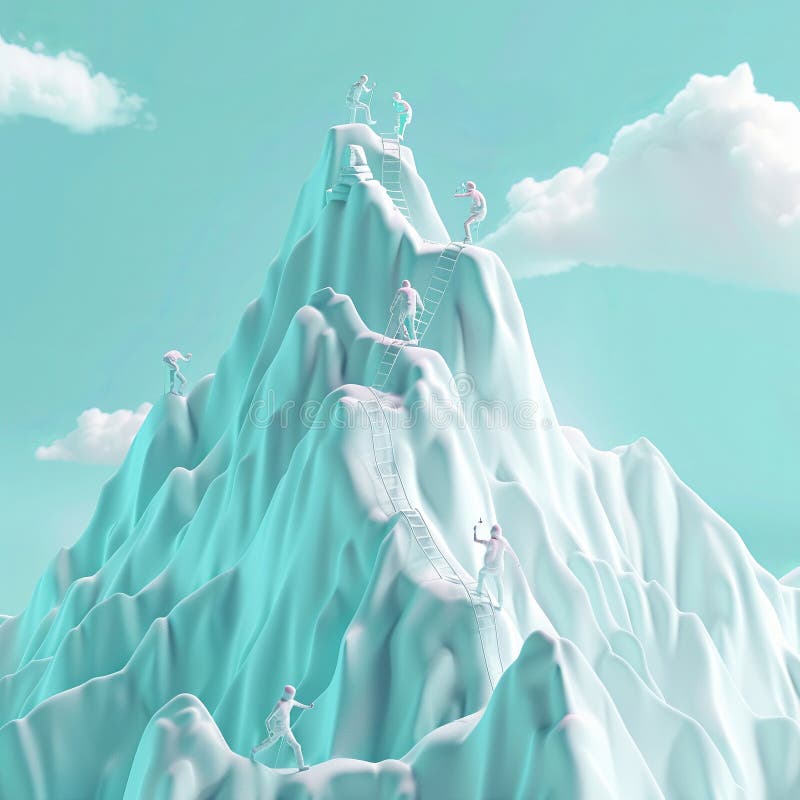 3D Render Icon a Character Climbing a Mountain with a Team at the ...
