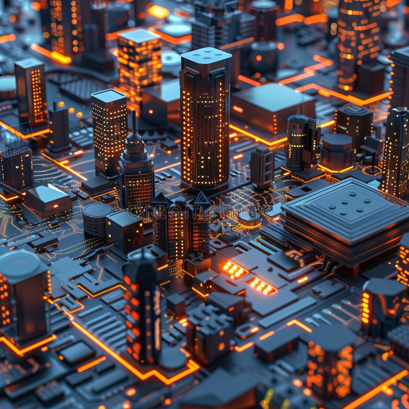 3D Render Icon Circuit Board City with a Central AI Brain Showcasing the Interconnectedness of ...