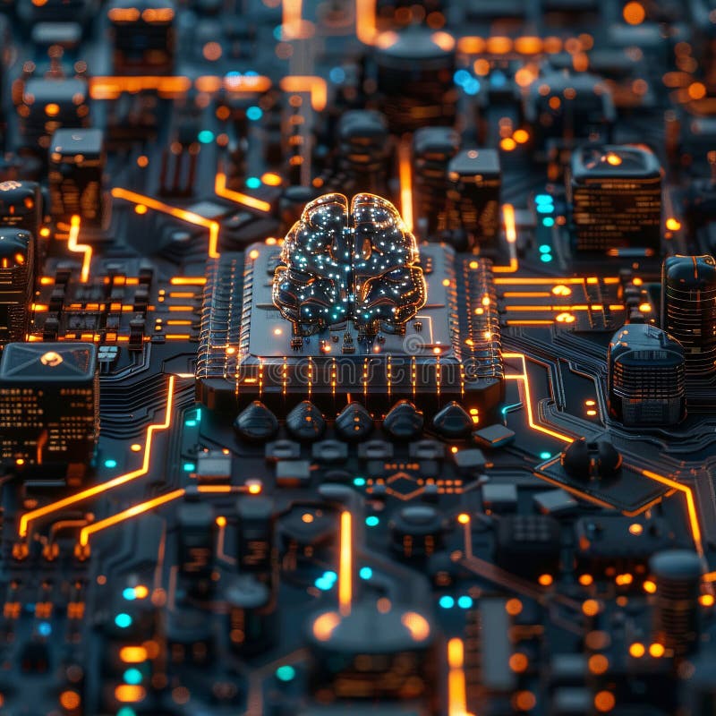 3D Render Icon Circuit Board City with a Pie Chart Showcasing the Impact of AI on Different ...