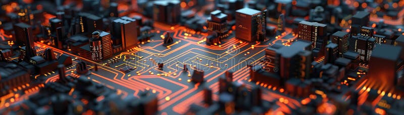 3D Render Icon Circuit Board with a Cityscape Representing Technology ...