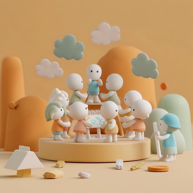 3D Render Icon Clay Style of a Group of Cute Clay Characters Working ...