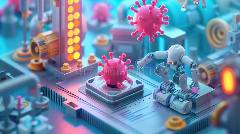 3D Render Icon Factory Scene with Robots Working Alongside Humans a ...