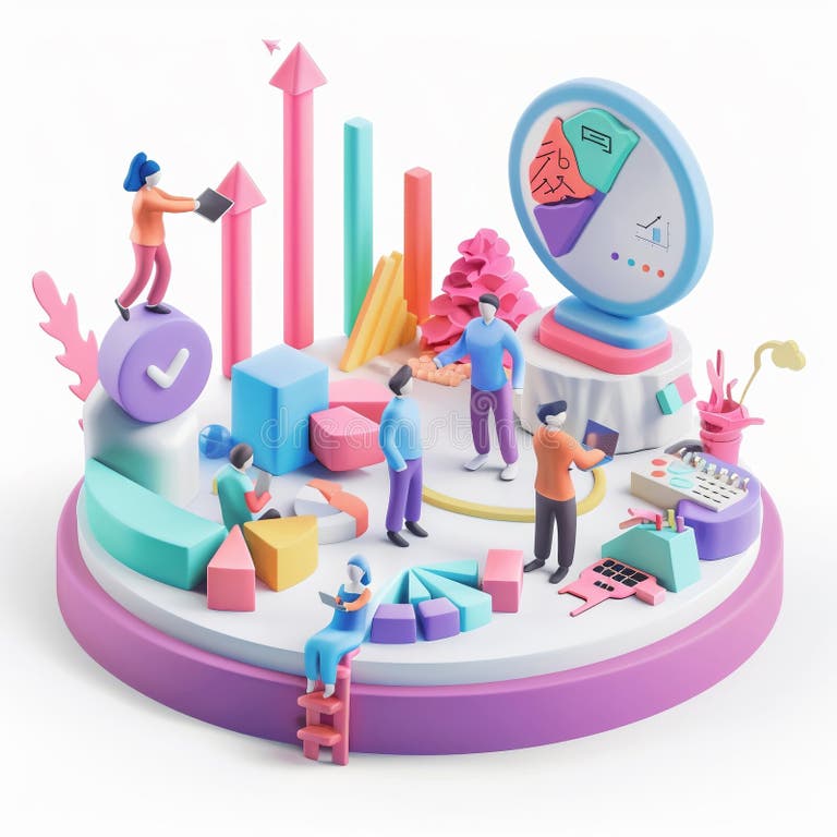 3D Render Icon Scatter Plot with Cute Creatures Interacting on a Solid ...