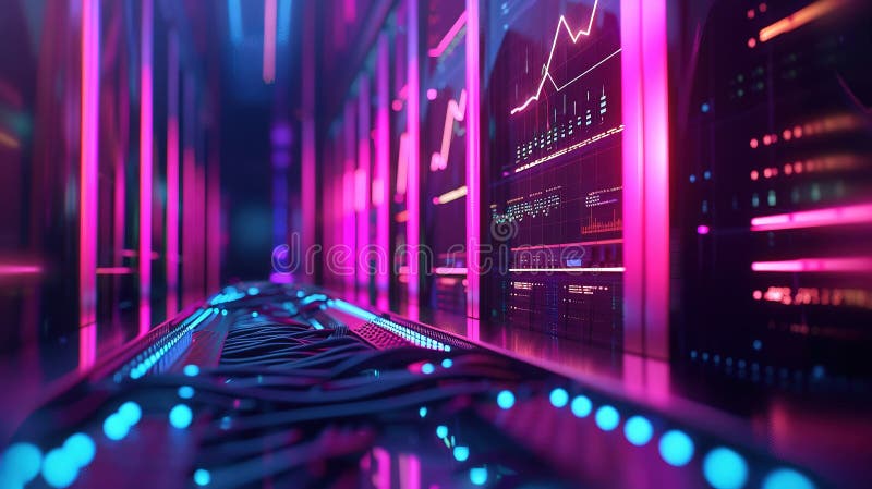 3D Render Icon Server Room with Data Flowing through Cables a Chart ...