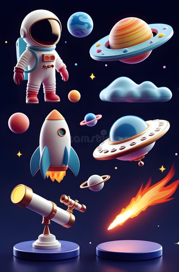 3D Render Icon Set Featuring Space-themed Objects Stock Illustration ...