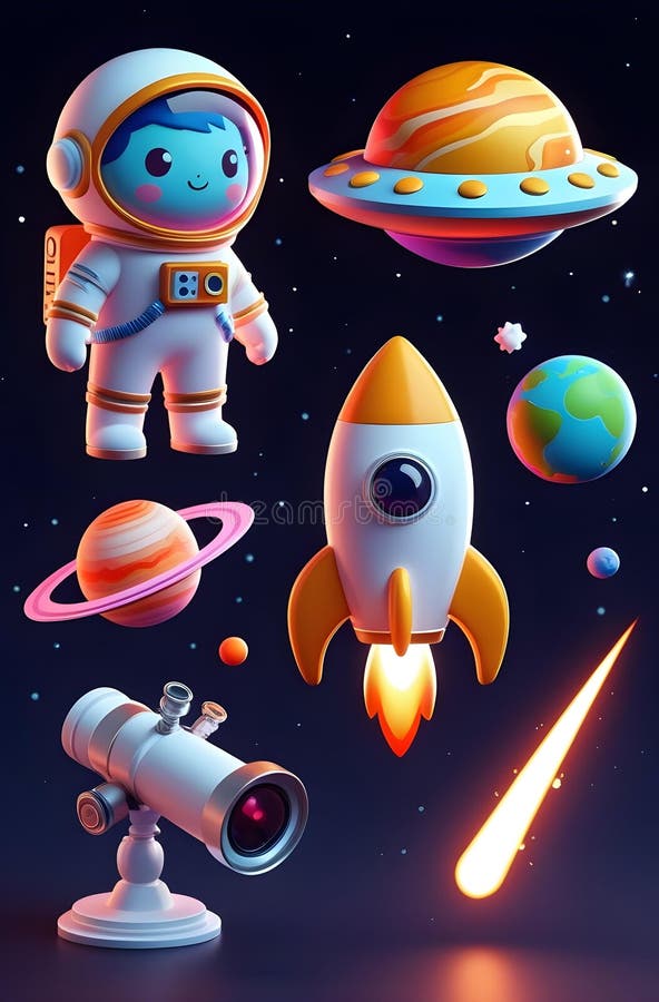 3D Render Icon Set Featuring Space-themed Objects Stock Illustration ...