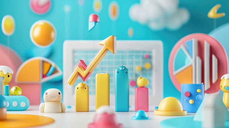 3D Render Icon Whimsical Creatures Interacting with Data Visualizations ...