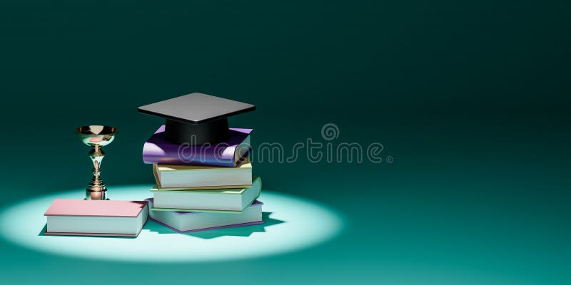 3D Render Illustration of Academic Cap on Stack of Books. Cartoon Style ...