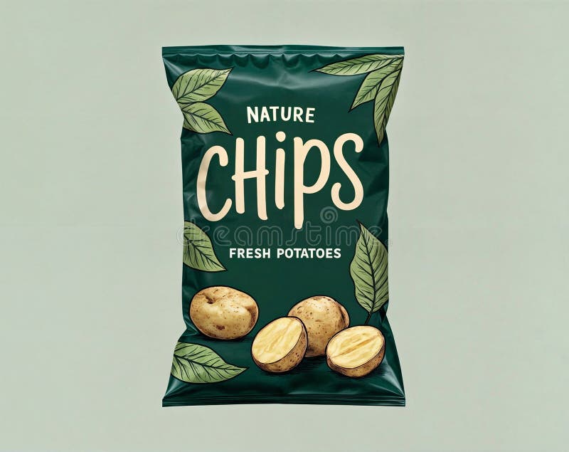 3d Render Illustration of a Bag of Green Chips with Word Text "CHIPS ...