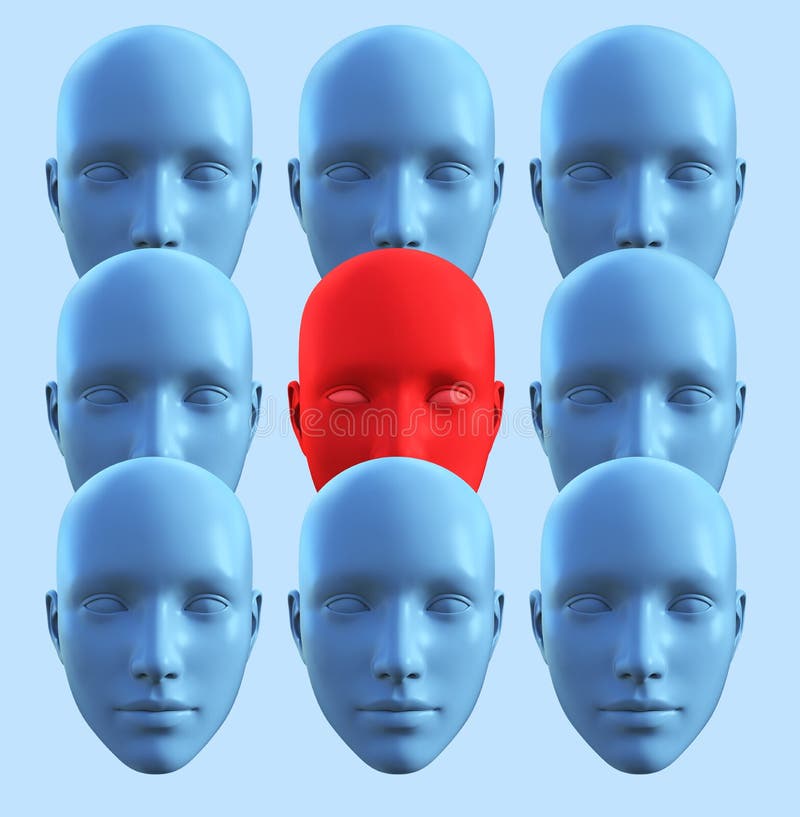 3d Render Illustration of Blue Colored Human Faces with Red Colored One ...