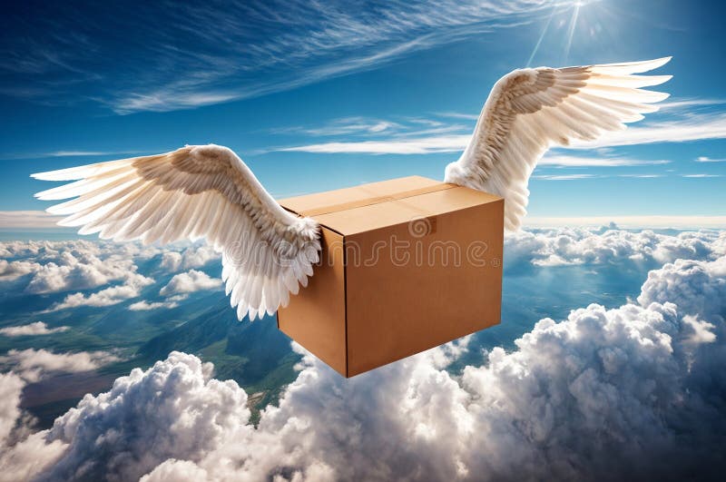 3d Render Illustration of a Cardboard Box with Wings Flying Stock ...