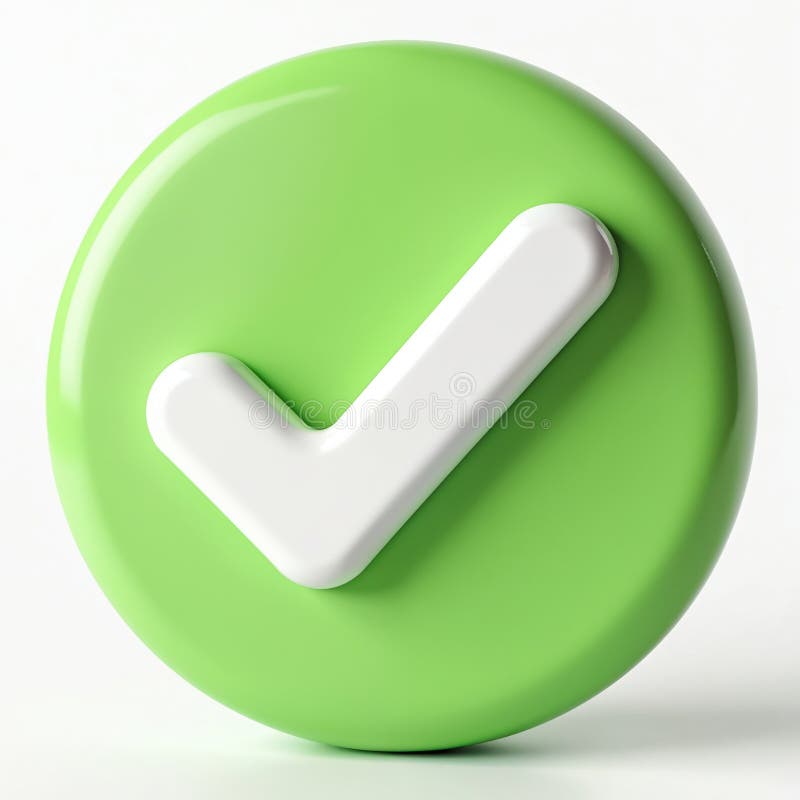 3D Render Illustration of Check Mark Symbol Icon. Green Circle, White ...