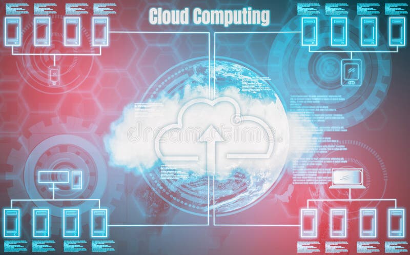 2D Render Illustration Cloud Technology Cloud Computing and Mass Storage Network, Abstract ...
