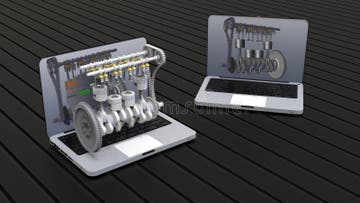 3D Rendering - Inline Engine Design on a Laptop Stock Illustration ...