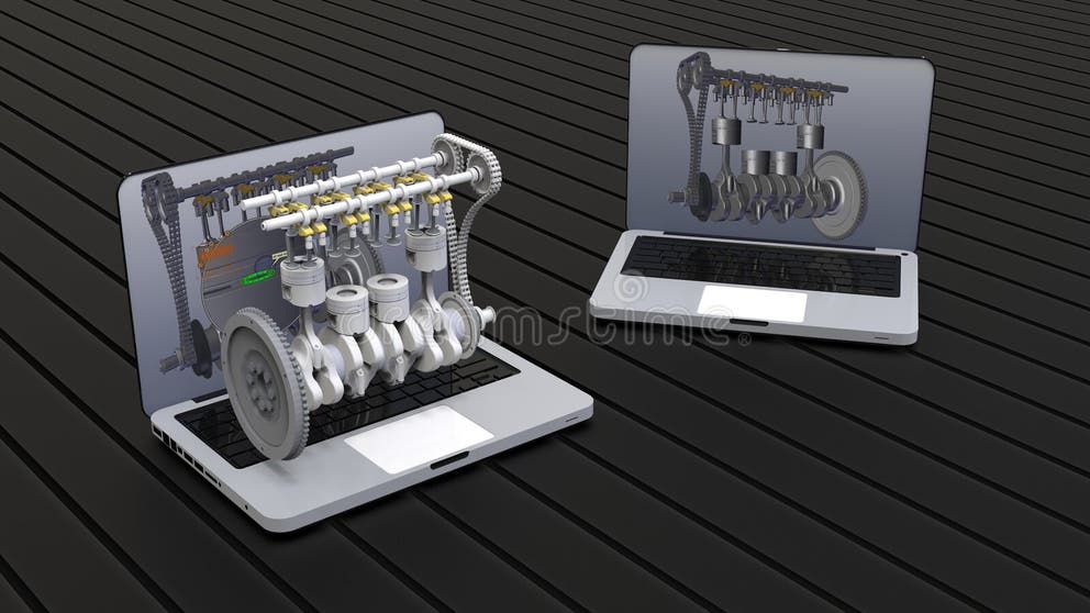 3D Rendering - Inline Engine Design on a Laptop Stock Illustration ...