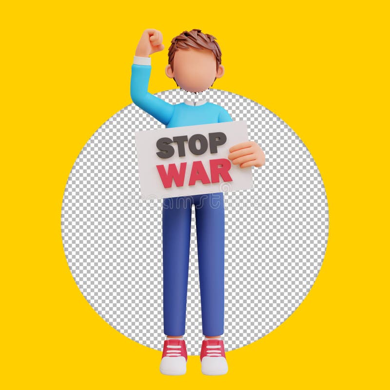 3d Render Illustration Cute Boy Holding Poster Stop War Stock Photo ...