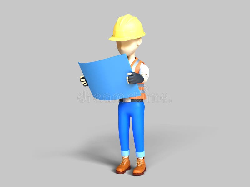3d Render Illustration Cute Character Worker and Reading Construction ...