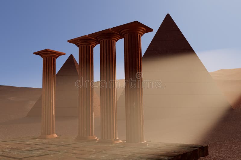 3d Render Illustration a Desert Landscape with Three Pyramids and Four ...