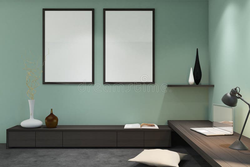 3d Render Illustration of Interior Study Room, Lower Table with Frame ...