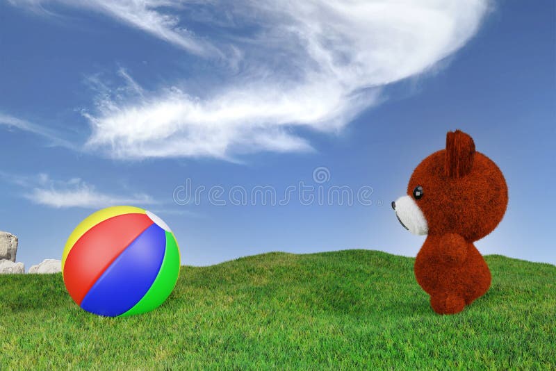 3d Render Illustration of Stuffed Toy Bear Playing Ball on a Grass ...